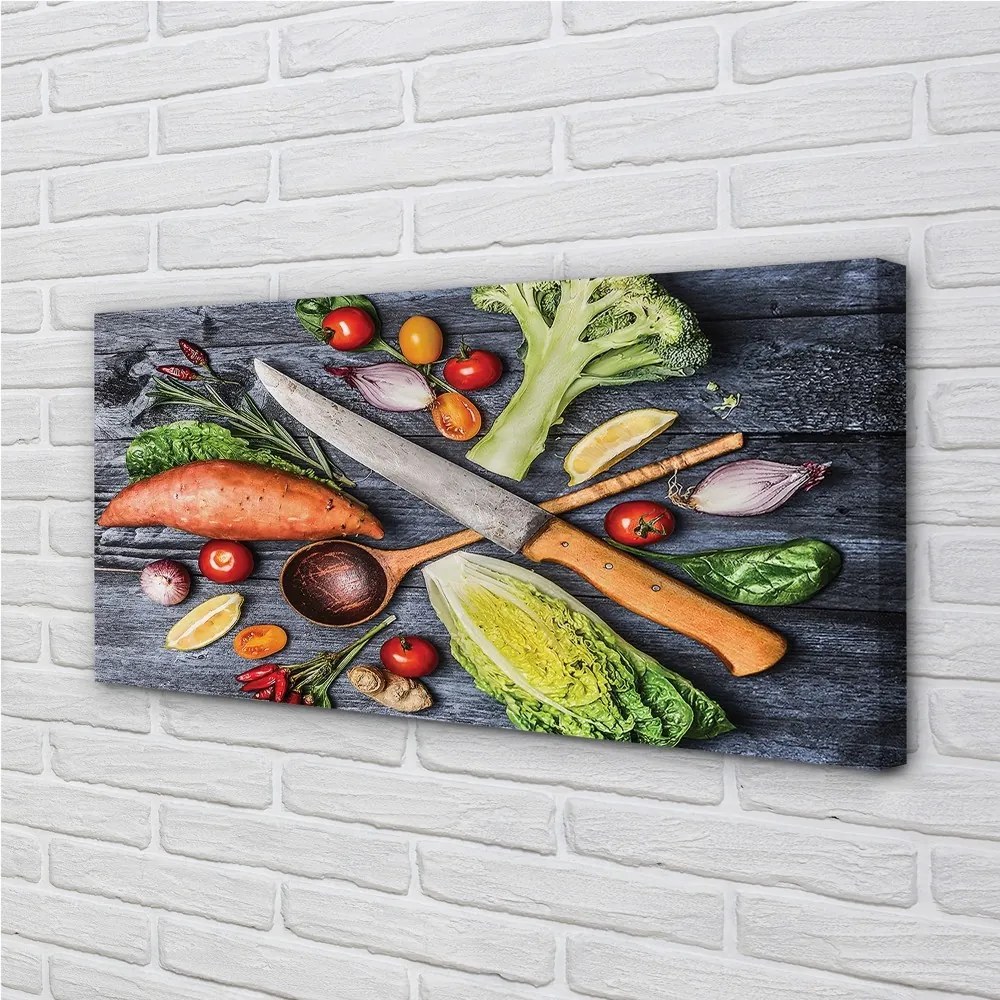Obrazy na plátně Nůž vlákna příze špenát rajčata 125x50 cm