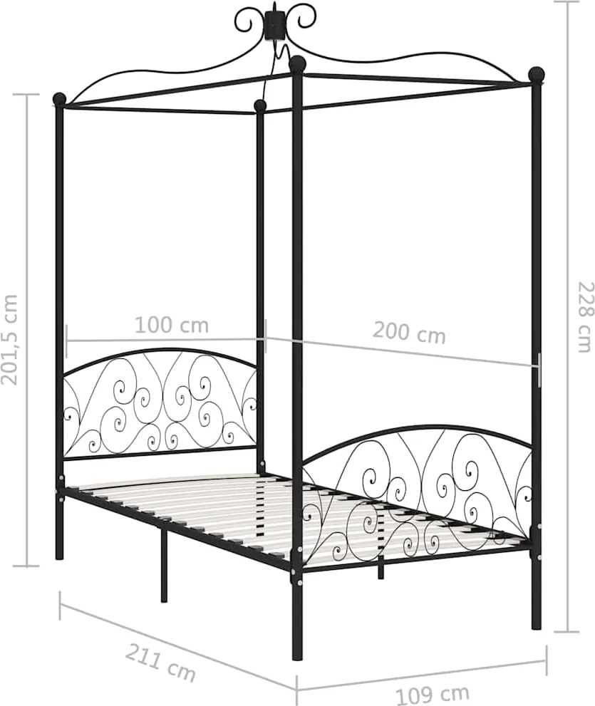 Rám postele s nebesy černý kovový 100 x 200 cm 284475