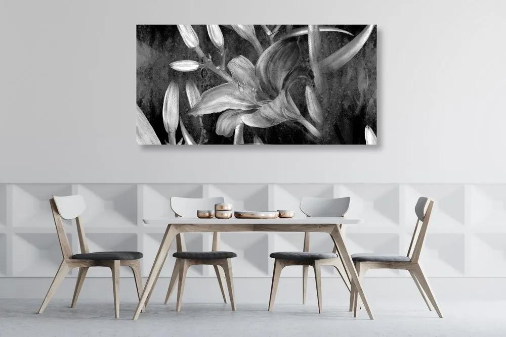Obraz rozkvět lilie v černobílém provedení - 120x60 cm