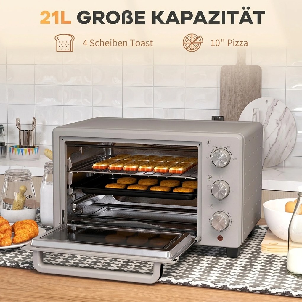 HOMCOM malá trouba 21l, 100°C-230°C, časovač na 1 hodinu, 3 režimy pečení, drátěný rošt, plech, nerez, 46L x 38.5W x 29H cm, stříbrná| Aosom