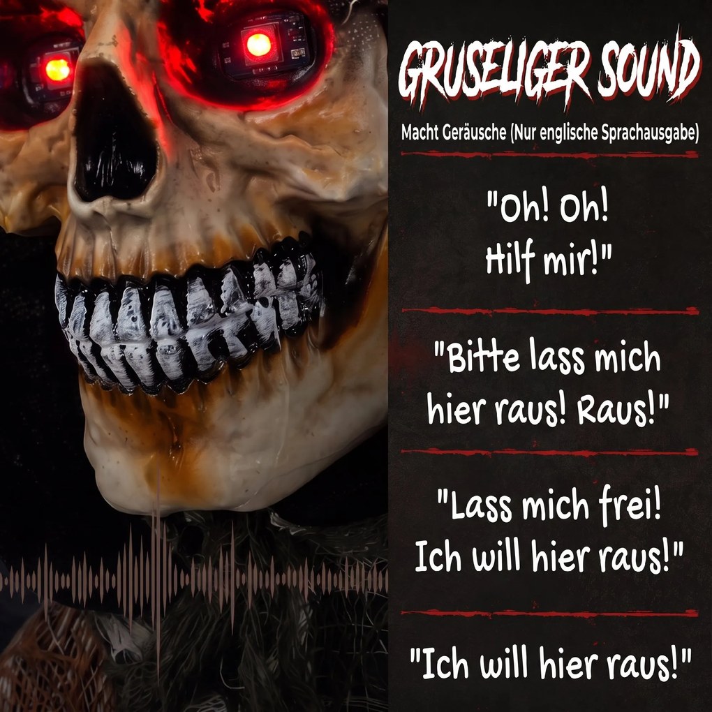 HOMCOM Animovaný Smrtka, 170 cm, životní velikost Halloween animatroniky s pohyblivýma rukama/hlavou, svítícíma očima a strašidelným zvukem