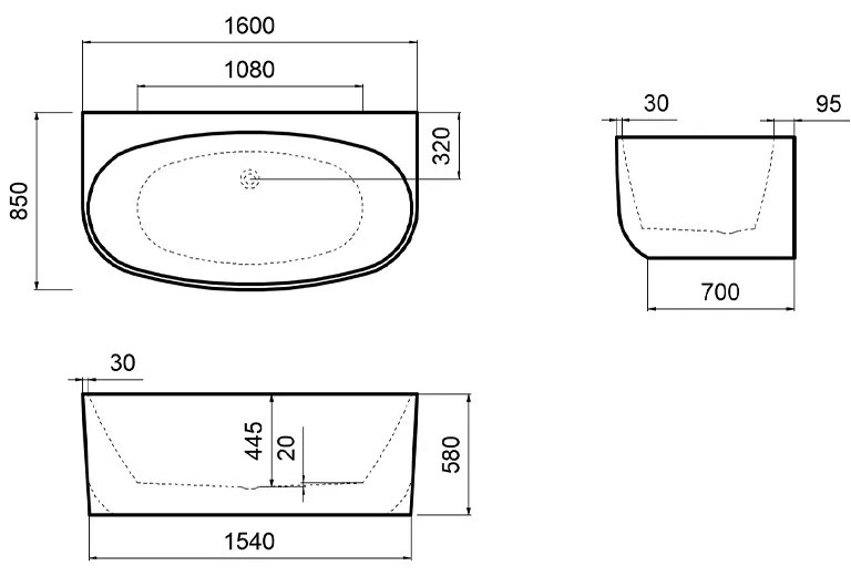 BPS-koupelny Volně stojící akrylátová vana ke stěně  NR526C 160x85 bílá, odtokový komplet chrom