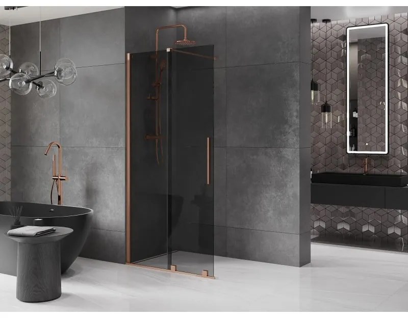 Mexen Velar, sprchová zástěna s posuvnými dveřmi Walk-in 85 x 200 cm, 8mm šedé sklo, měděná matná, 871-085-000-43-65