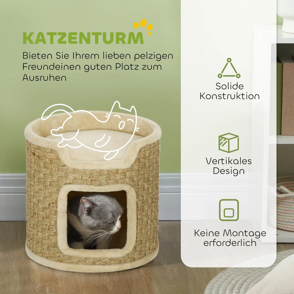 PawHut škrabadlo, 37 cm vysoké škrabadlo pro kočky s dvířky, dvoupatrové škrabadlo, věž pro kočky ze sisalu, pro kočky do 5 kg, khaki