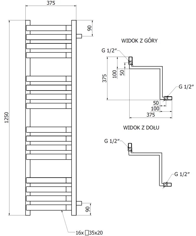 Mexen Loop, koupelnový radiátor 1250 x 375 mm, 666 W, černá, W129-1250-350-00-70