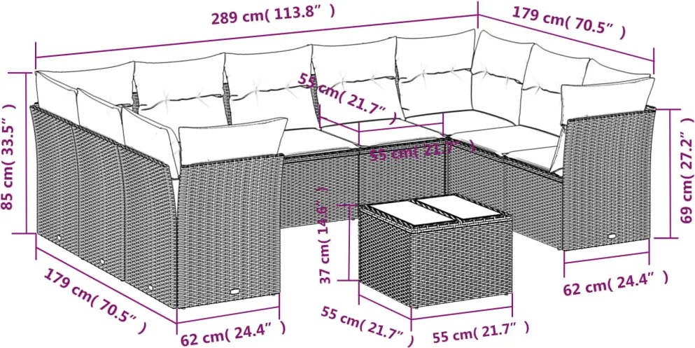 10dílná zahradní sedací souprava podušky světle šedá polyratan 3218142