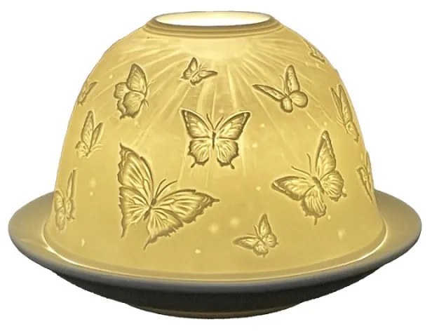Bílý porcelánový svícen na čajovou svíčku s motýlky Basthijn – 12x8 cm