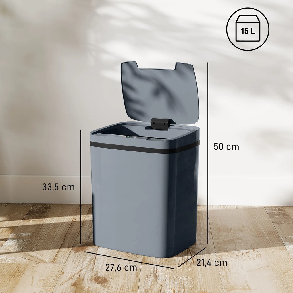 HOMCOM Senzorový odpadkový koš 15 L, automatický koš se dvěma způsoby otevírání, do kanceláře, kuchyně, 27,6 x 21,4 x 33,5 cm, šedý