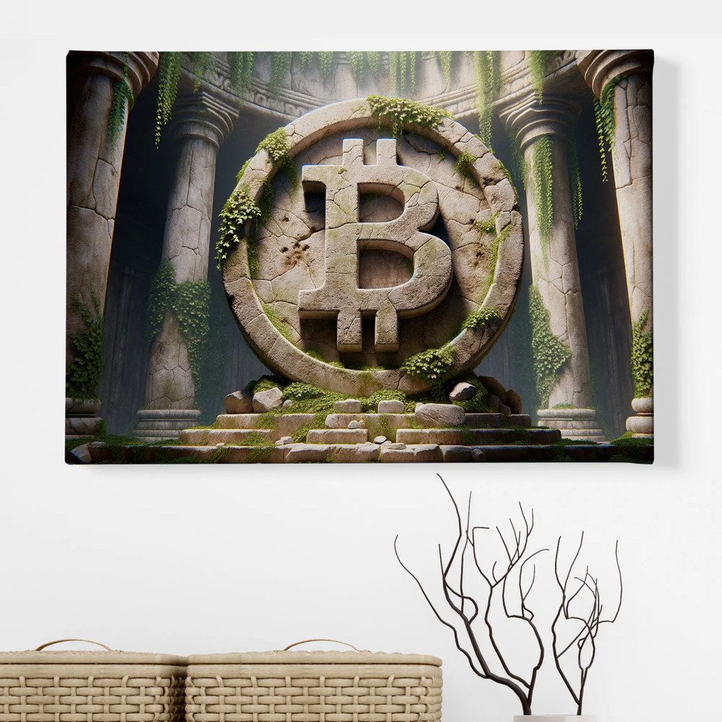 Obraz na plátně - Bitcoin, kamenné logo v opuštěném chrámu FeelHappy.cz Velikost obrazu: 150 x 100 cm