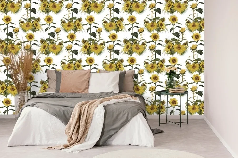 Samolepící tapeta slunečnice na bílém pozadí - 75x1000 cm | Biano