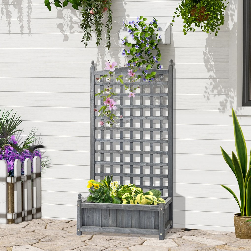 Outsunny Vyvýšená zahradní bedýnka s treláží – Dřevěná treláž s podporou pro popínavé rostliny, 64 x 28 x 120 cm