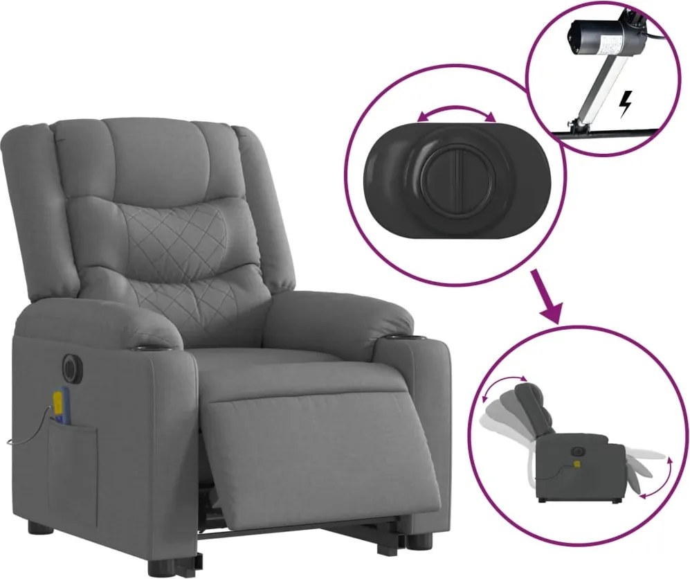 Elektrické zvedací masážní polohovací křeslo tmavě šedé textil 3206583