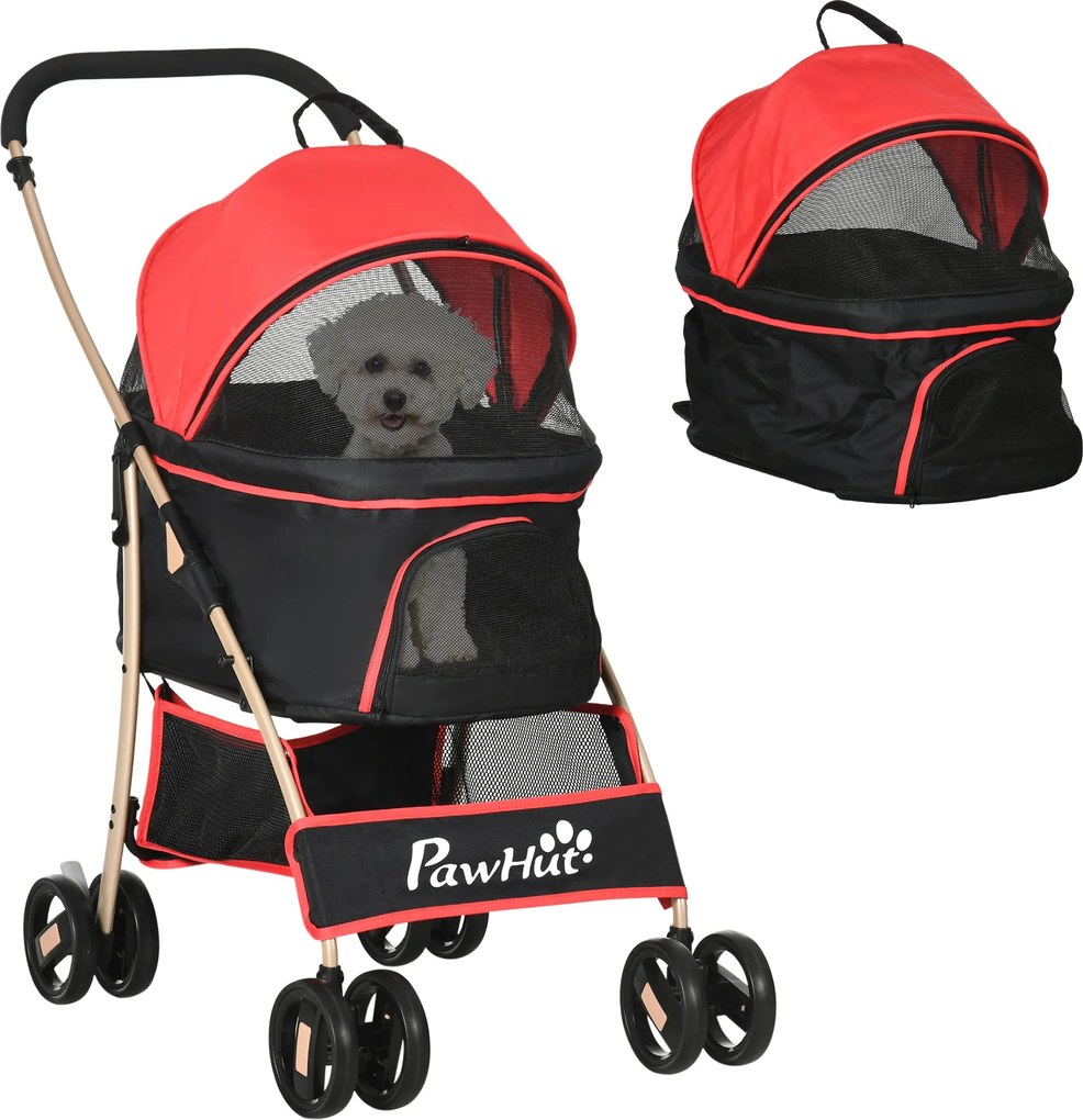 PawHut Kočárek pro domácí zvířata, 2 v 1 Psí Vozík, Taška na přenášení, Skládací Psí Buggy s Polstrováním, Kočárek pro Malé Psy a Kočky, Kočár pro Koč