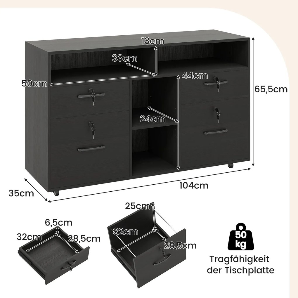 Costway Pojízdný kontejner s 4 zásuvkami, mobilní kartotéka, uzamykatelný