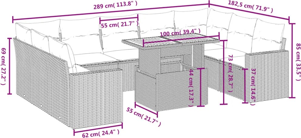 10dílná zahradní sedací souprava s poduškami černá polyratan 3271455