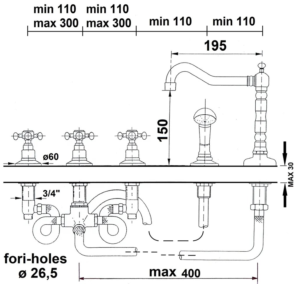 Sapho Antea 3881 pětiprvková baterie na okraj vany kohoutková
