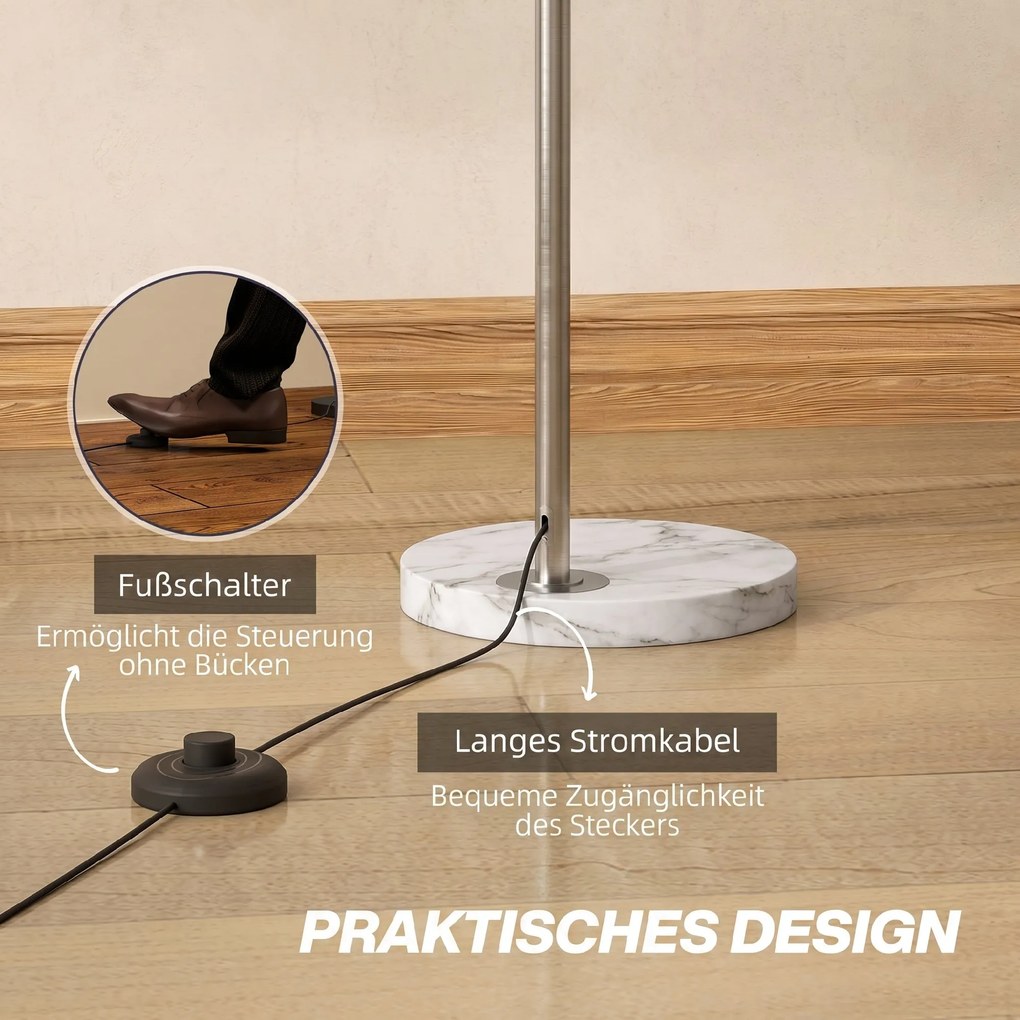 HOMCOM Stojací lampa, obloukový design s mramorovou základnou, 167 cm, stříbrná