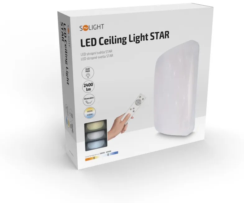 Solight LED stropní světlo Star, čtvercové, 24W,2400lm, dálkové ovládání, 37cm