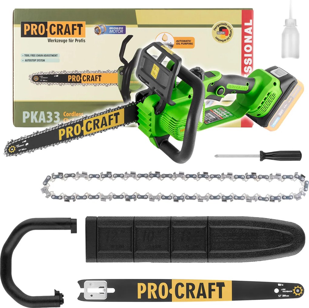 Procraft PKA33 20V - akumulátorová řetězová pila (bez akumulátoru a nabíječky)