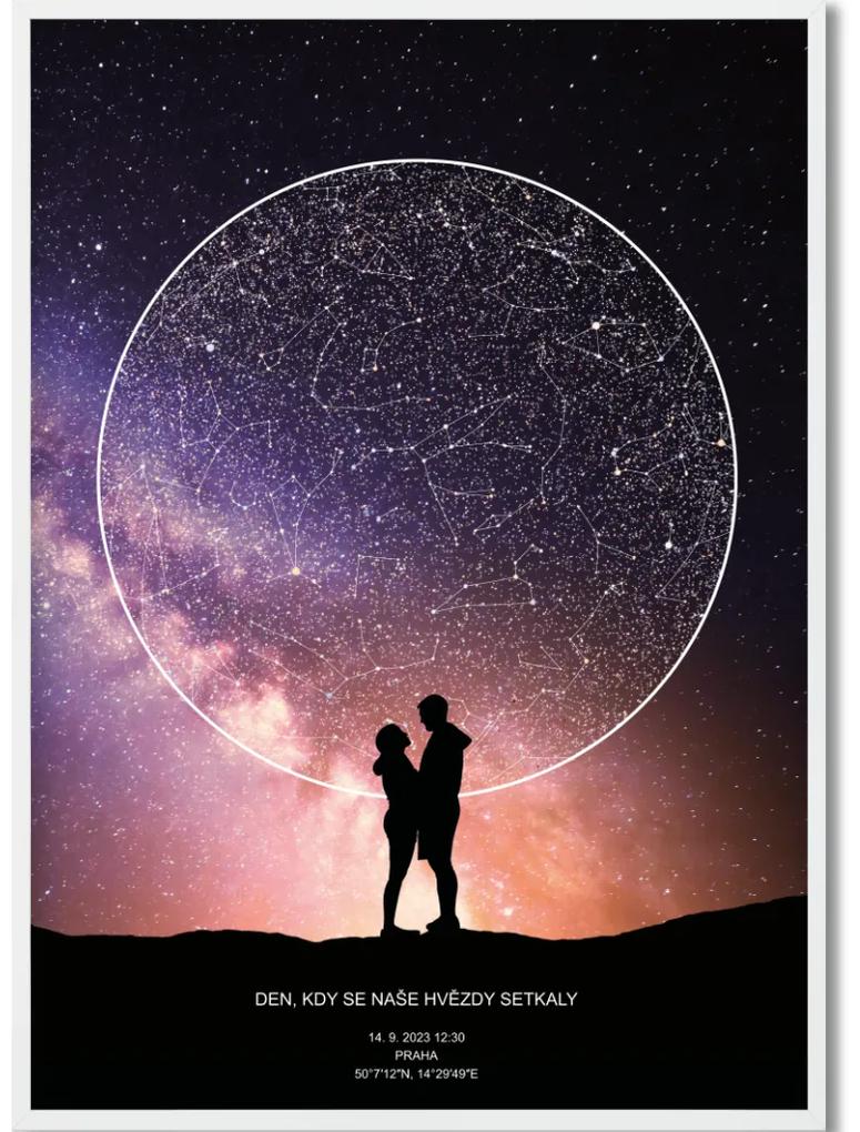 Hvězdná mapa Vašeho životního okamžiku Rozměr plakátu: 50 x 70 cm digitální pdf e-mailem, Barva pozadí: Vesmírná, Volba rámu: Bez rámu
