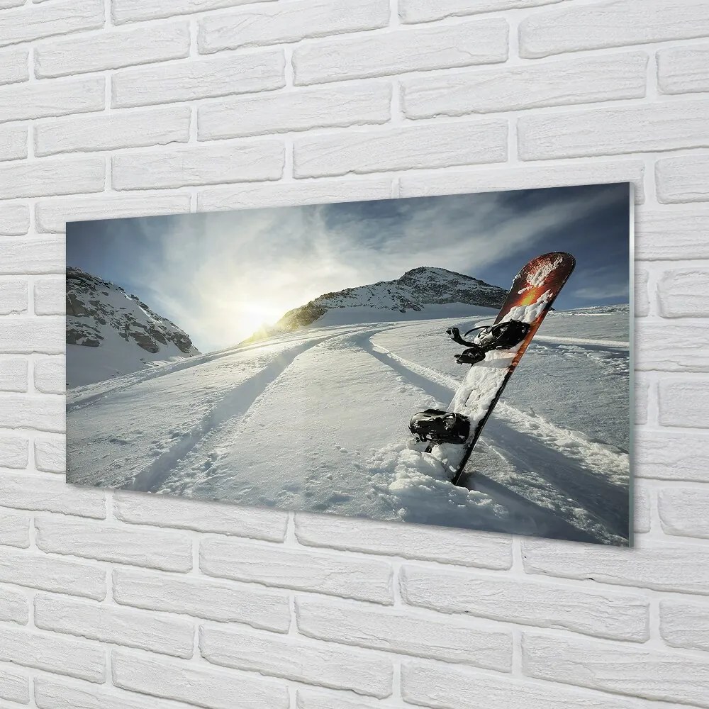 Obraz na skle Deska ve sněhu horách 125x50 cm