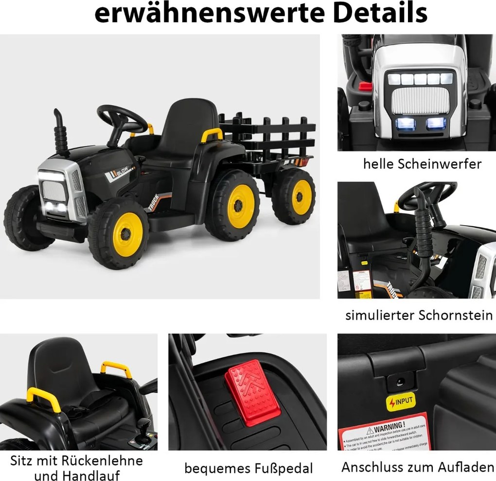 Costway 12 V dětský traktor s odnímatelným přívěsem a dálkovým ovládáním
