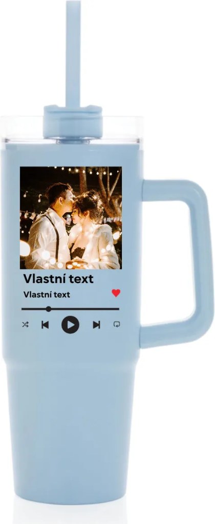 Personalizovaná cestovní termoska s průhledným víčkem s motivem přehrávače