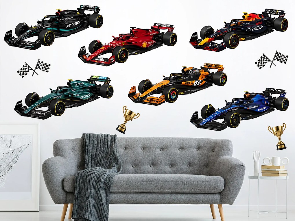 Barevné formule F1 automobilové samolepky na zeď arch 75 x 42 cm