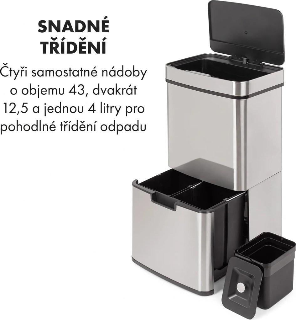 Klarstein TouchLess, odpadkový koš, senzor, 72 l, 4 nádoby, ABS / PP / ušlechtilá ocel