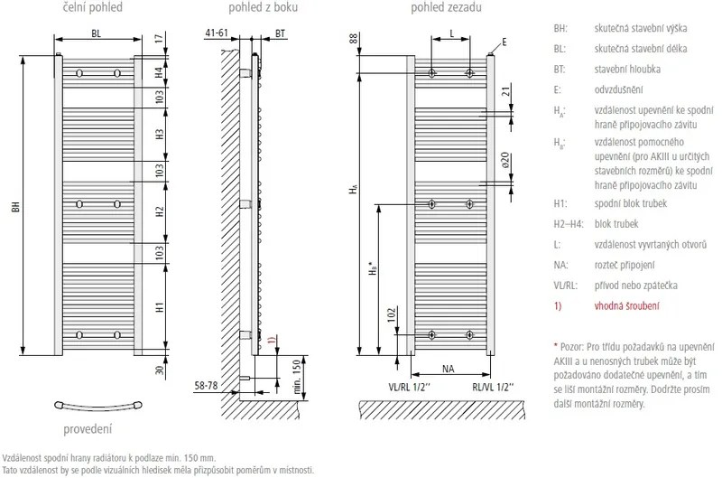 Koupelnové trubkové těleso Kermi B20-R prohnuté, boční připojení, 1174 x 590 mm, bílé