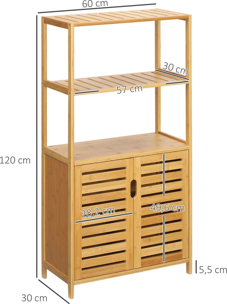 Kleankin koupelnová skříňka se 2 otevřenými policemi a skříňkou se 2 dvířky, úsporná bambusová skříňka 60x30x120 cm, přírodní