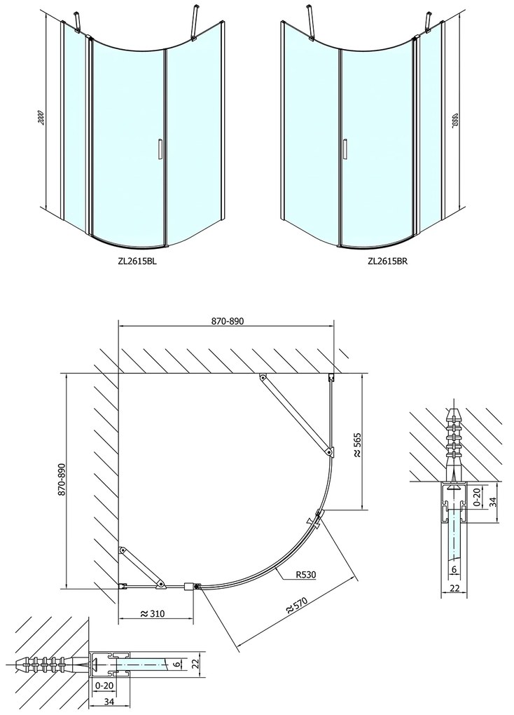 Polysan ZOOM LINE BLACK čtvrtkruhová sprchová zástěna 900x900mm, čiré sklo, levá ZL2615BL