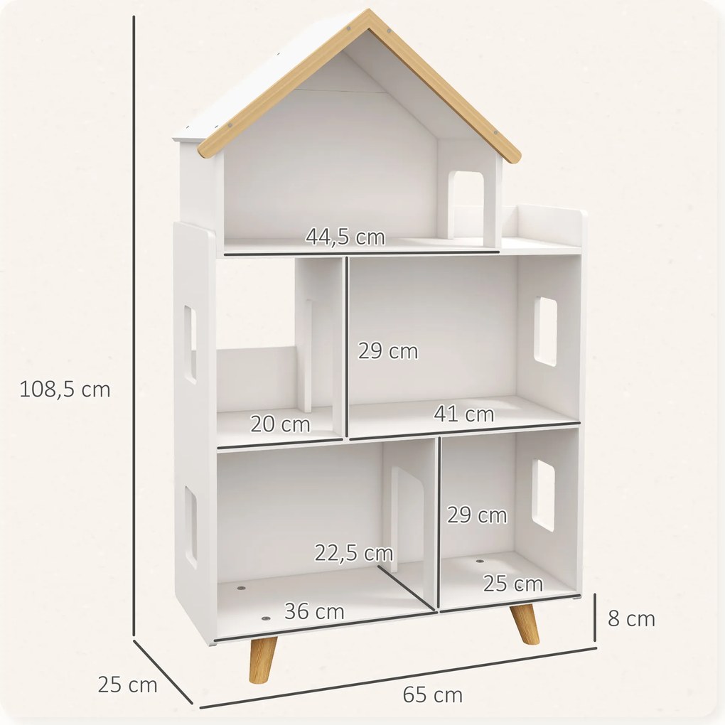Úložný organizační regál na hračky ZONEKIZ pro děti se 3 patry a stříškou, nosnost 50 kg, do herny a dětského pokoje 65x25x108,5 cm Bílá