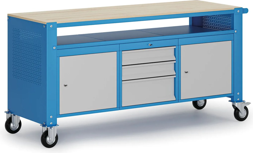 Pojízdný dílenský stůl G9, 1 horní police, 2 skříňky, 3 zásuvky, 1690 x 595 x 865-1130 mm, šedá/modrá