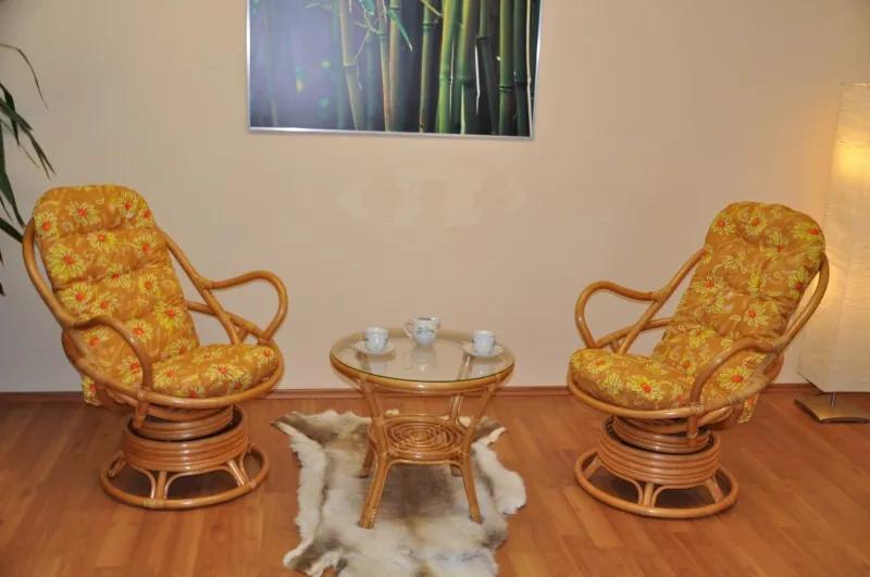Axin Trading Ratanová souprava Swivel + stolek polstry žluté kopretiny