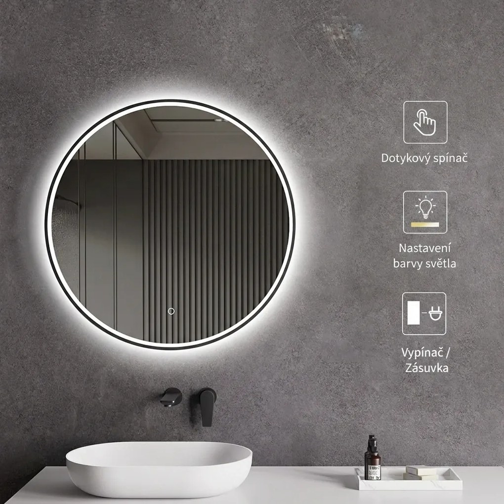 CERANO - Koupelnové LED zrcadlo Vito, kovový rám - černá matná - Ø 60 cm