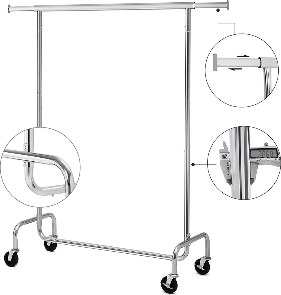 Stojan na oblečení z kovu s vysokou nosností na kolečkách, nosnost do 130 kg, délka 110-150 cm