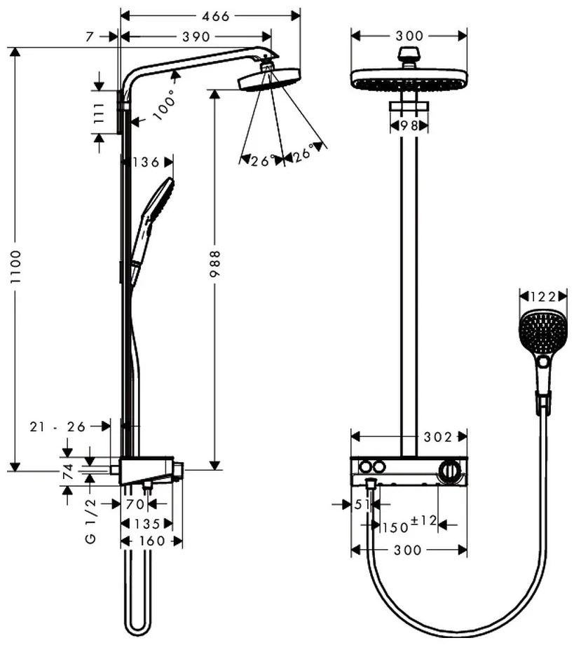 Hansgrohe Raindance Select E - sprchový systém Showerpipe 300 2jet, termostatická sprchová baterie, sprchové rameno, bílá / chrom 27126400