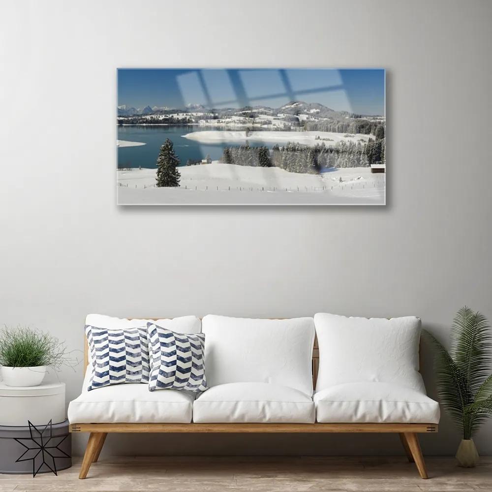 Obraz na skle Jezero Sníh Krajina Hory 100x50 cm