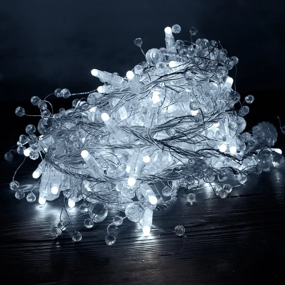 Eco Fix LED světelný řetěz, venkovní s krystalky, ledově bílá s FLASH, 8 m, 80 diod, čirý kabel, IP44, 24V