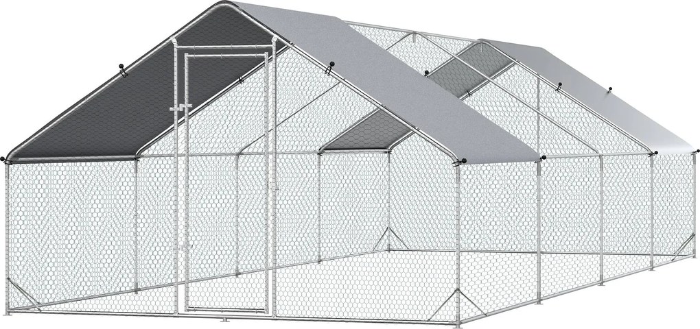 PawHut Velký venkovní kurník 24 m² pro 16-24 slepic 3x8x2 m Galvanizovaný ocelový kurník s PE krytem a zámkem - Stříbrný | Aosom