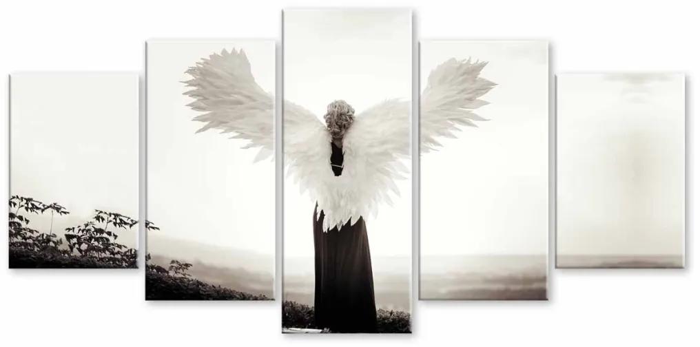 Malvis ® Pětidílný černobílý andělský obraz Velikost: 100x50 cm