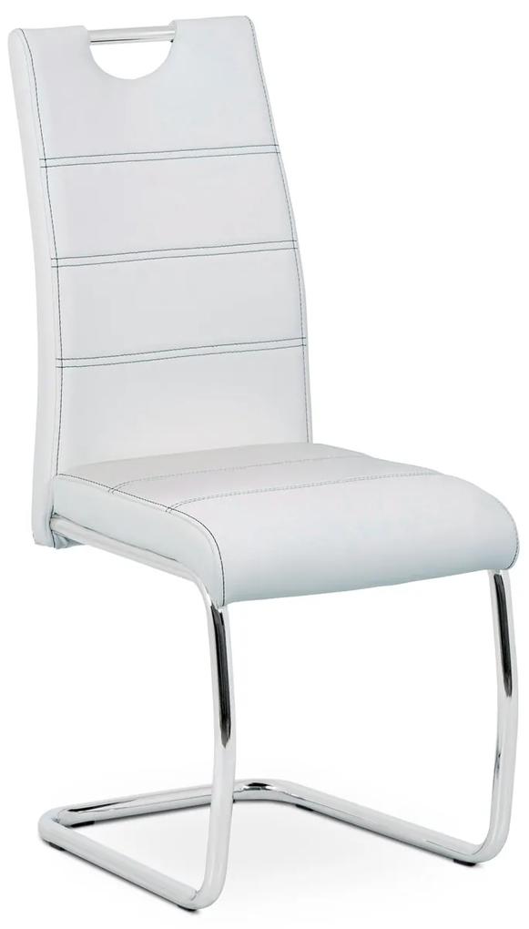 AUTRONIC Jídelní židle, potah bílá ekokůže, černé prošití, kovová pohupová podnož, chrom