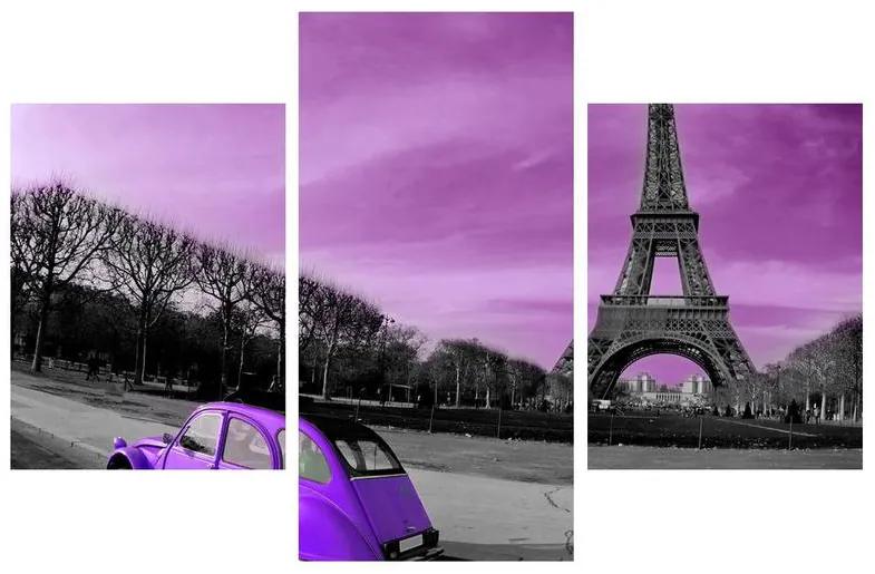 Obraz Eiffelovy věže a fialového auta (90x60 cm)