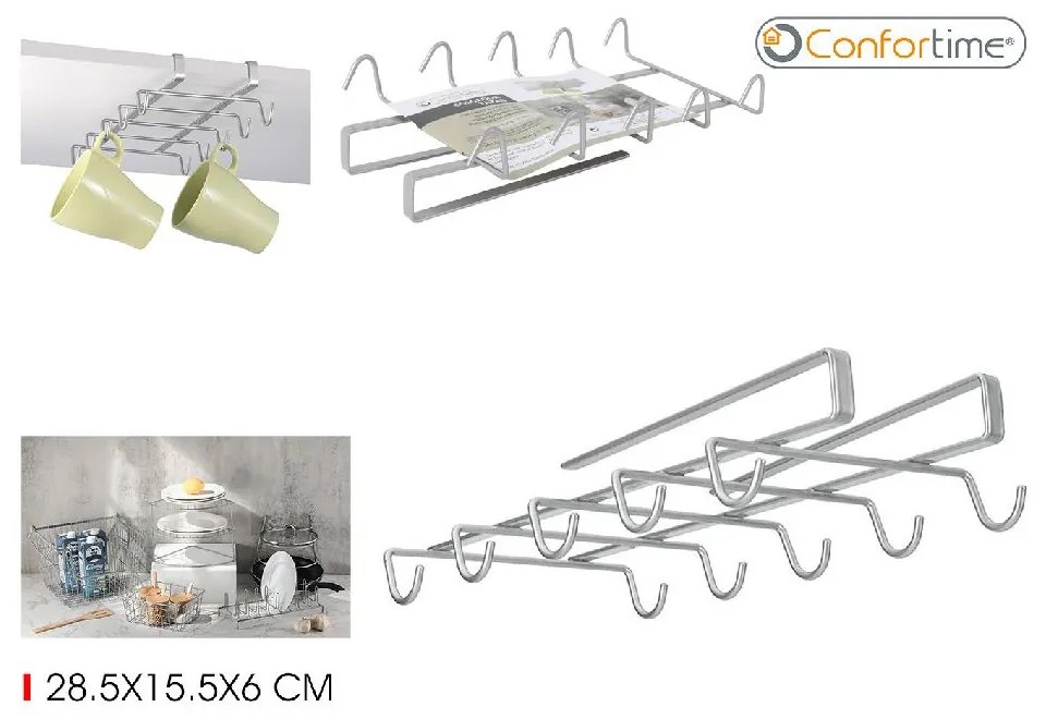 Držák na hrnečky s 10 háčky, závěsný pod polici, bez montáže, CONFORTIME