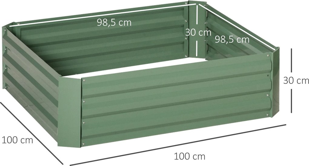 Zahradní truhlík HOMCOM 100x100x30 cm z pozinkované oceli v zelené barvě pro zeleninu a květiny |