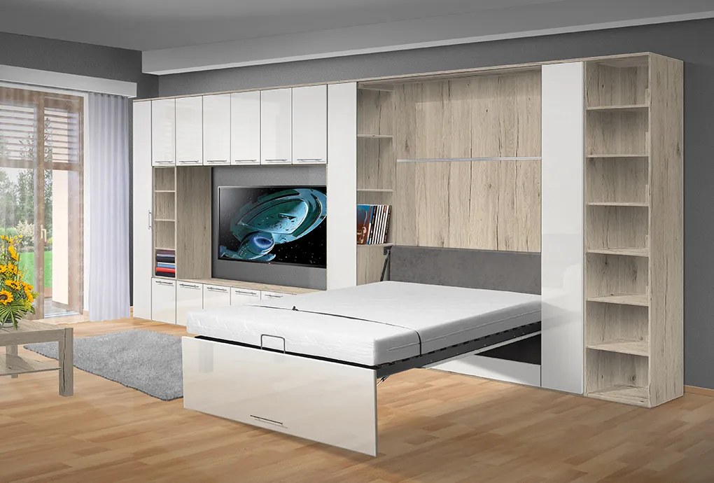 Obývací sestava s výklopnou postelí VS 4070P, 200x140cm odstín lamina - korpus: dub san remo, odstín dvířek: bílá lesk