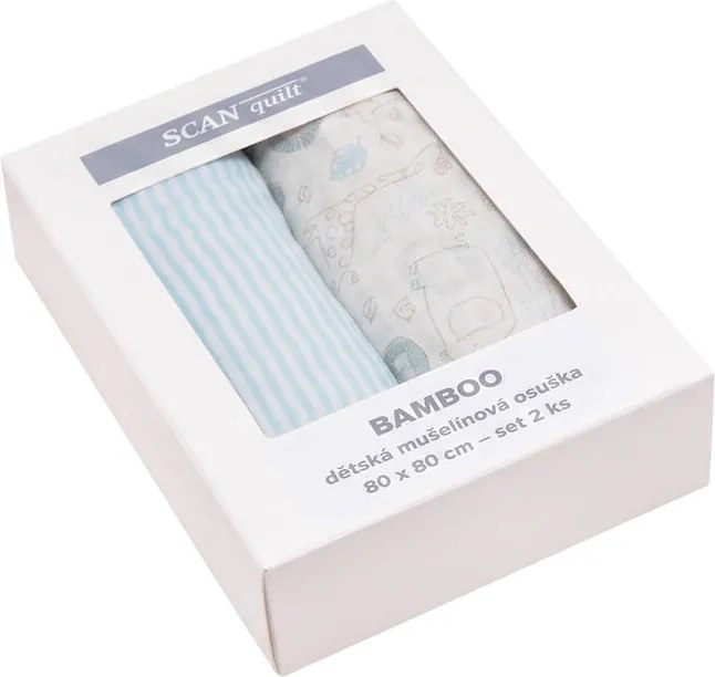 SCANquilt dětská mušelínová osuška BAMBOO - set 2 ks proužky+zvířátka světle modrá dětská osuška