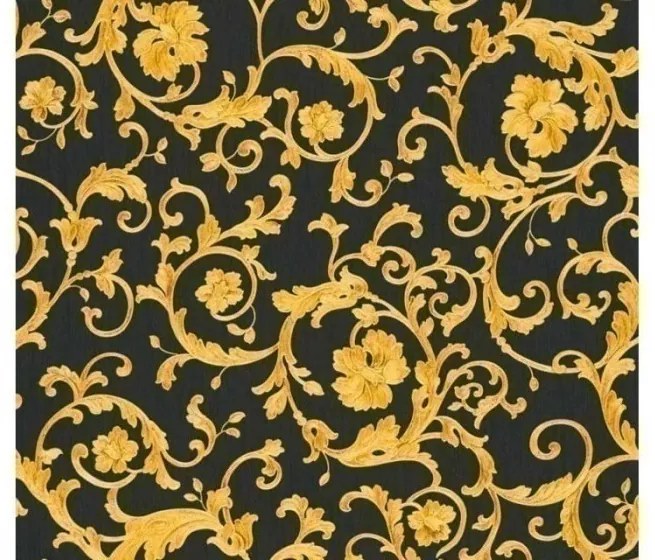 34326-2 tapety na zeď Versace 3 | 0,70 x 10,05 m | černá, metalická, žlutá