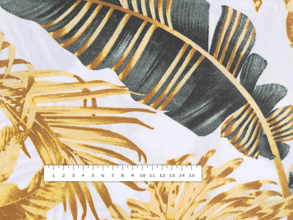 Biante Bavlněný běhoun na stůl Sandra SA-388 Šedozelené a zlaté tropické listy na bílém 45x180 cm